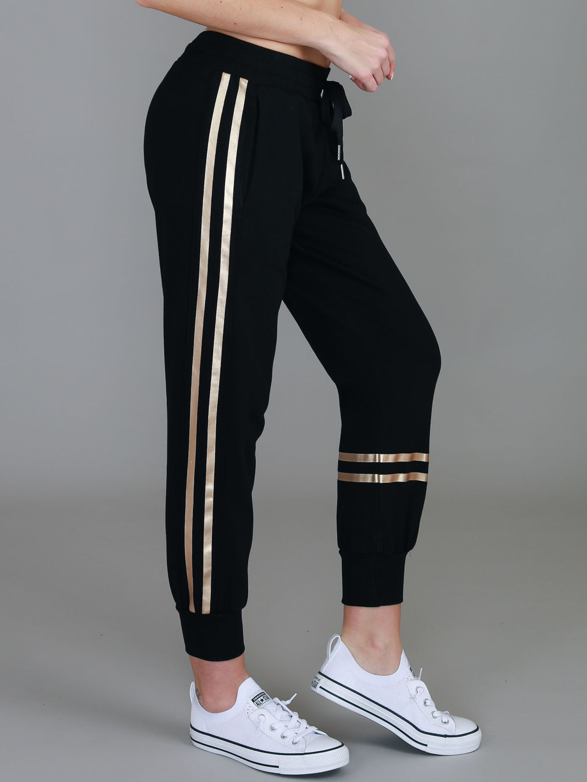 Charlise Stripe Sweatpants – Black Joggers with Gold Stripes