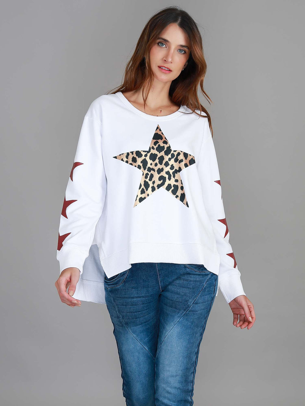 Sydney Leopard Star Sweatshirt | Shop White Crew Neck Sweatshirt