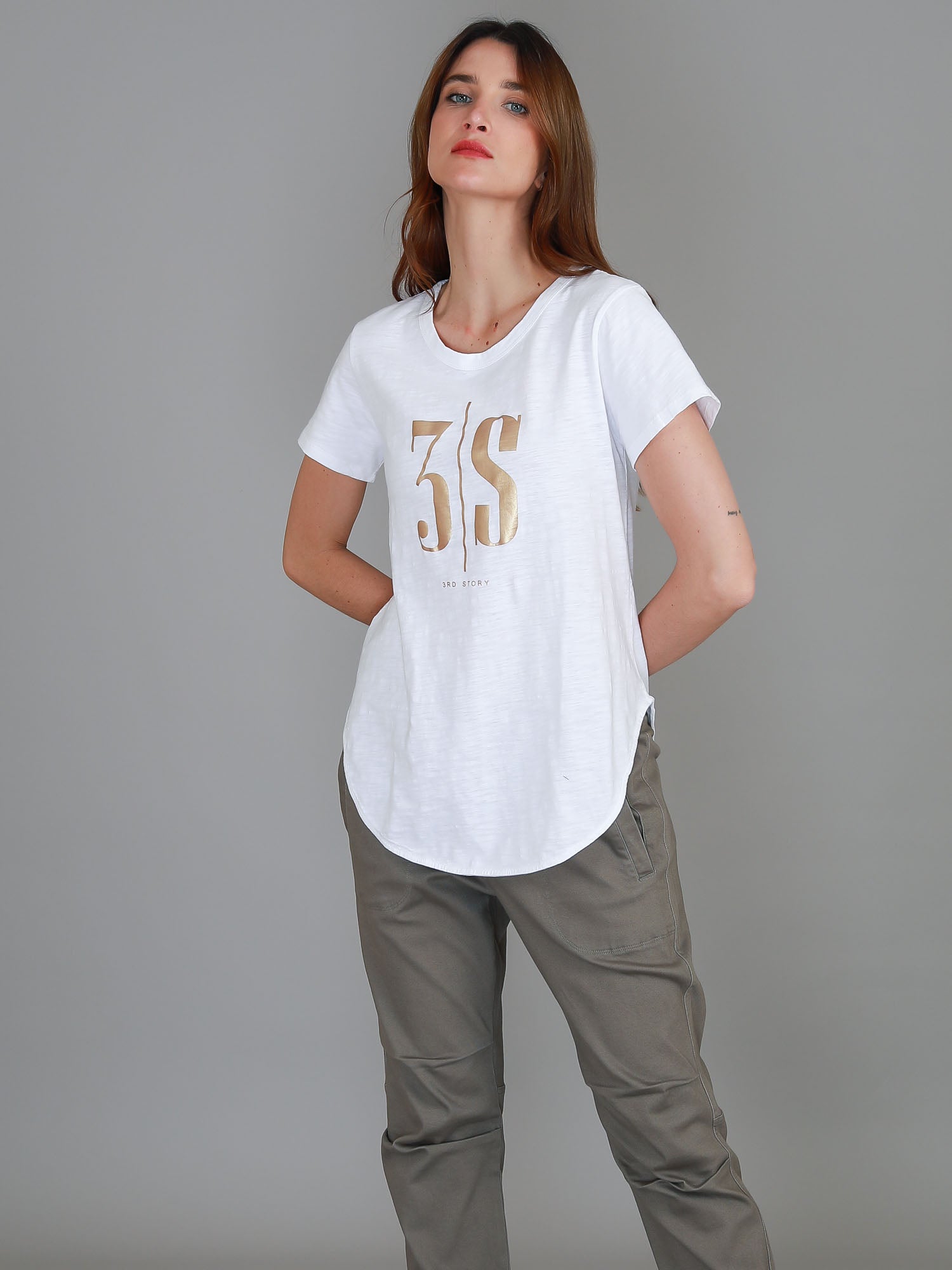 Alexis Gold Logo T Shirt – White Curved Hem Cotton Tee for Women