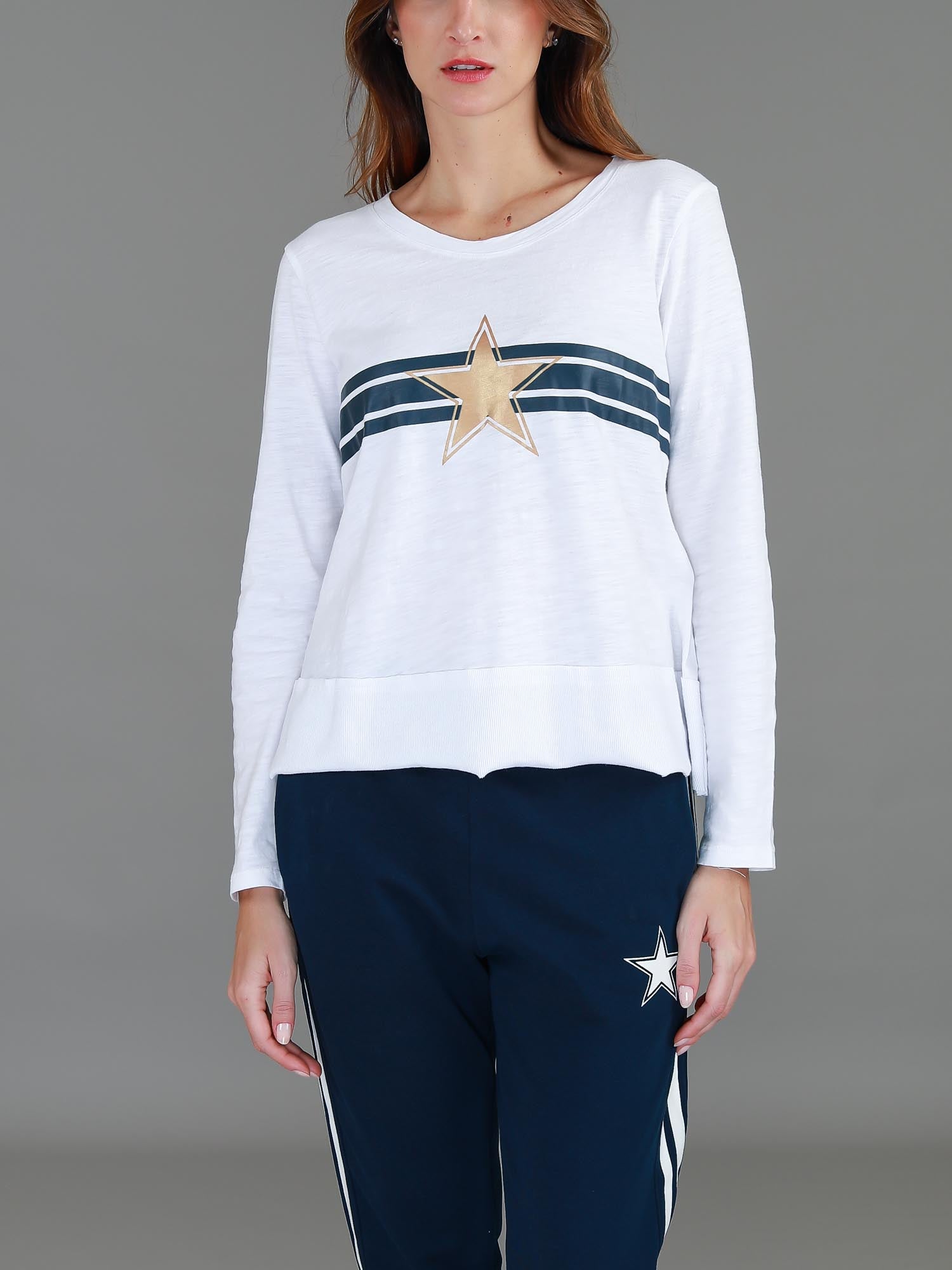 Sonya Long Sleeve Tee | Gold Star Stripe Graphic T Shirt