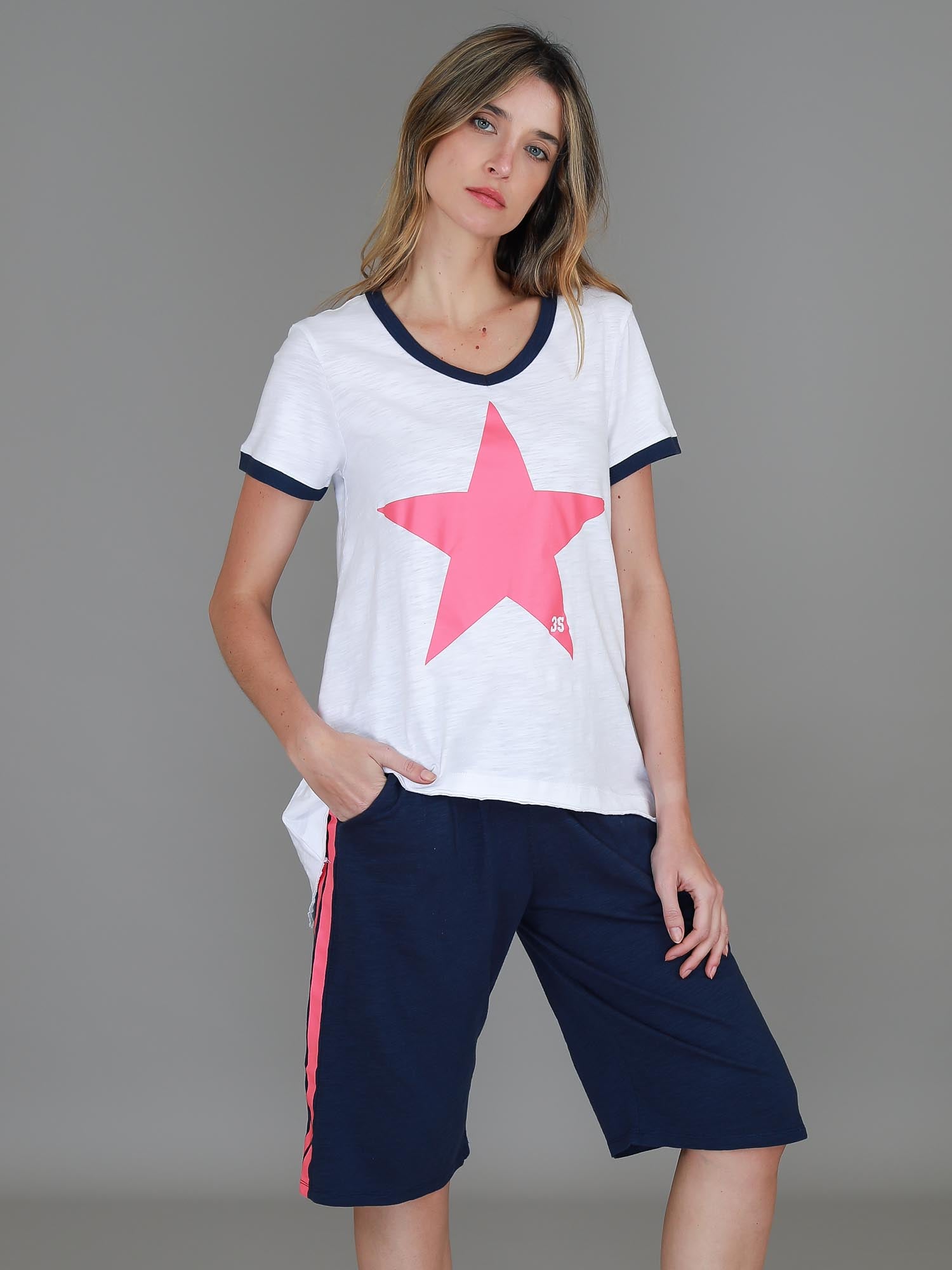Corinne Pink Star T Shirt – Women’s Graphic V Neck Tee